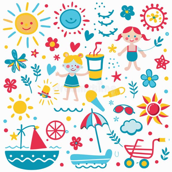 Happy Summer Kids, Sun, Beach, and Fun Elements Stock Vector ...