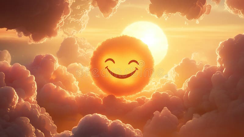 Happy Sun Emoticon in Fluffy Clouds at Sunset Stock Image - Image of ...