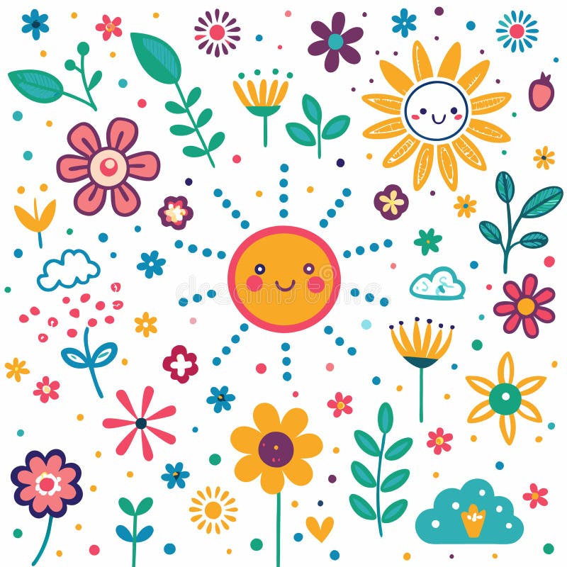 Happy Sun and Flowers Illustration Stock Vector - Illustration of ...