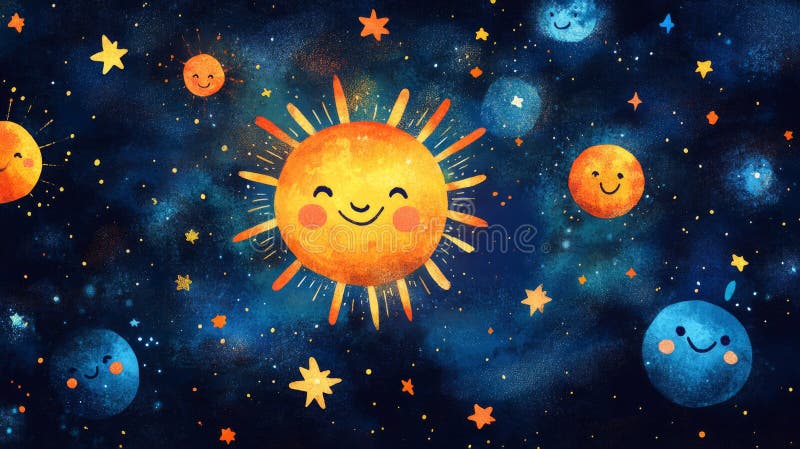 Happy Sun and Planets in a Colorful Galaxy Stock Illustration ...