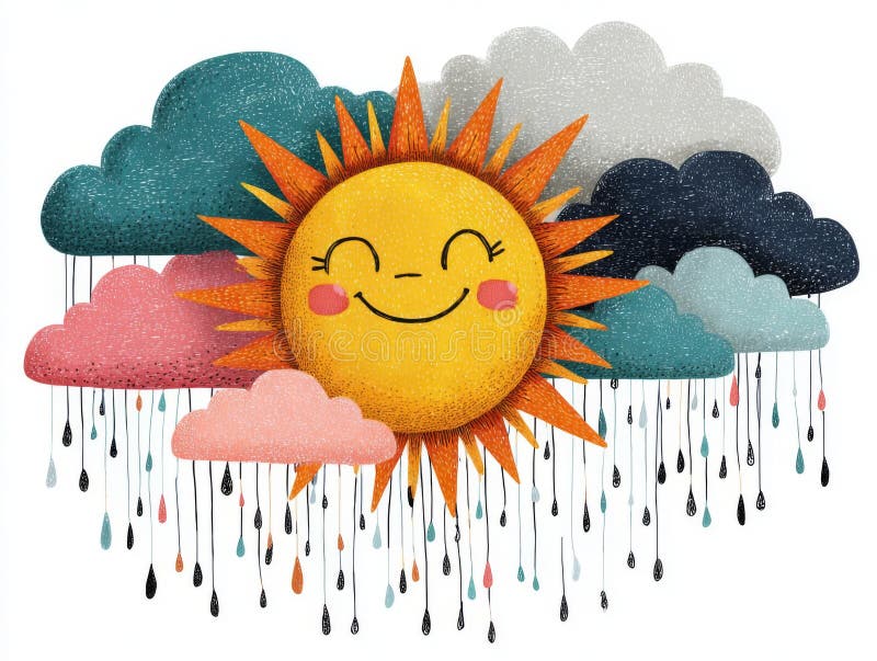 Happy Sun and Rain Clouds Illustration Stock Illustration ...