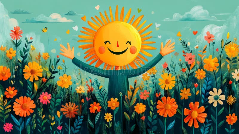 A Happy Sun Smiles in a Vibrant Field of Flowers Stock Illustration ...