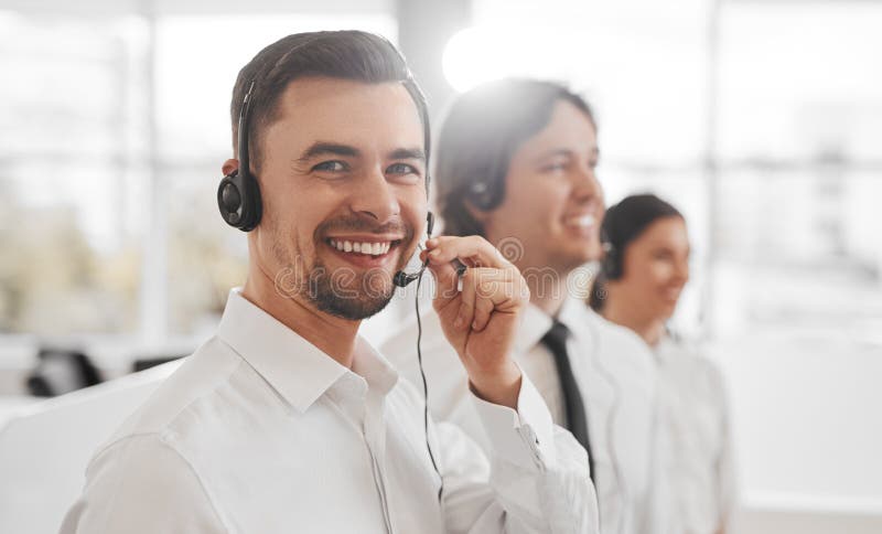 Happy Support Agent Adjusting Microphone Stock Photo - Image of ...