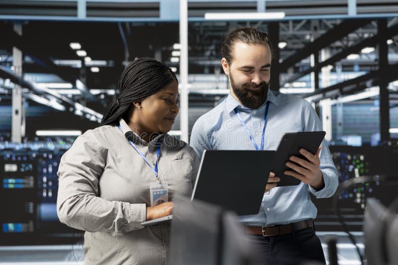 Happy System Administrators in Data Center Using Devices, Verifying Firewall Stock Photo - Image ...