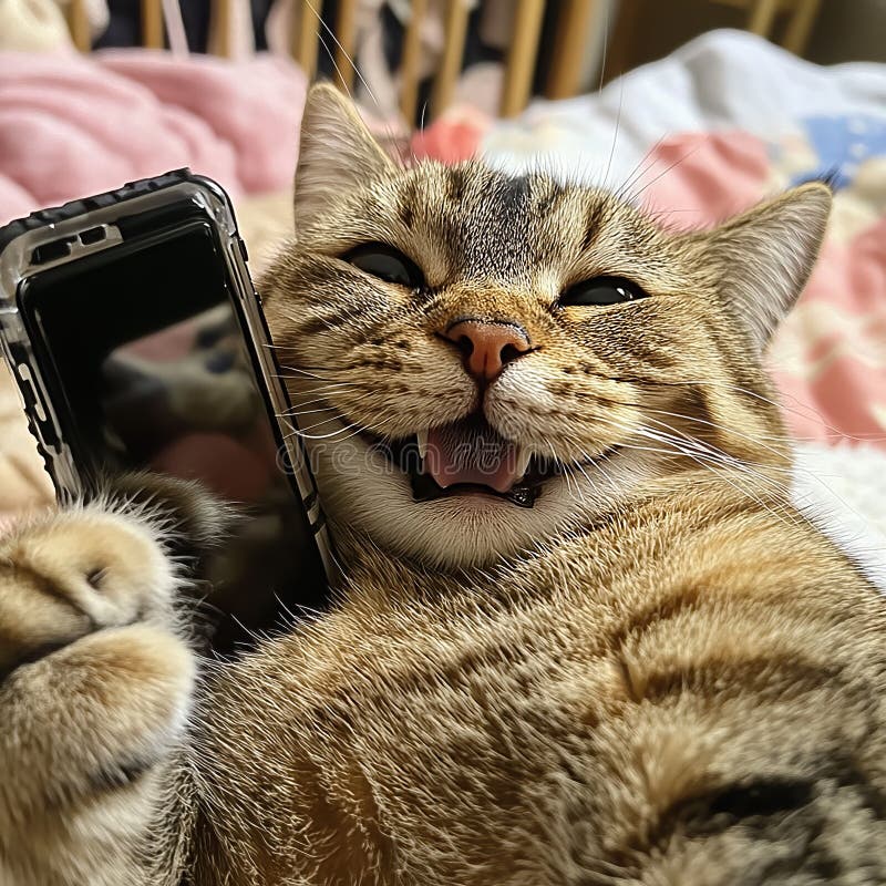 A Happy Tabby Cat Taking a Selfie with a Smartphone. Stock Illustration ...