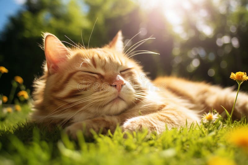 Happy Tabby Red Cat Lying on the Grass and Enjoying the Sun. AI ...