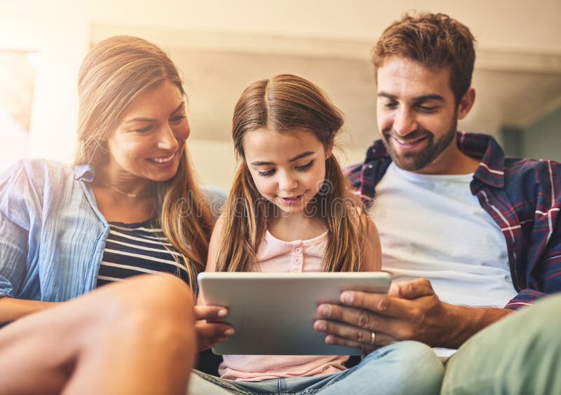 Happy, Tablet and Family Hug on Sofa with Child, Elearning and ...
