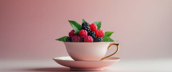 Happy Tea Cup with Berries on Pink Background Stock Photo - Image of ...