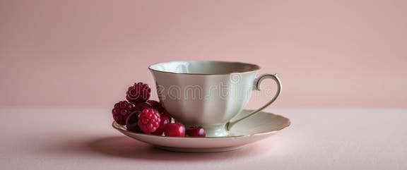 Happy Tea Cup with Berries on Pink Background. Stock Image - Image of ...