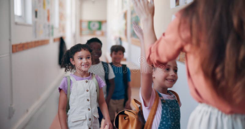 Happy, Teacher and Children with High Five at School for Learning ...