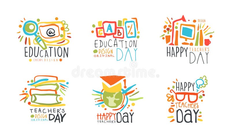 Happy Teacher Day and Education Label Design Vector Set Stock Vector ...