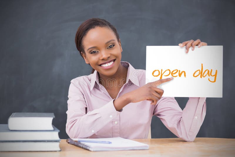 Happy Teacher Holding Page Showing Open Day Stock Photo - Image of ...