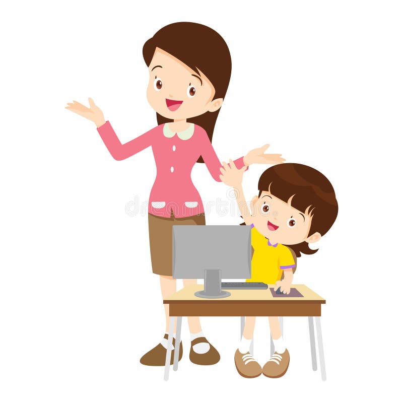 Happy Teacher and Student Learning Computer Stock Vector - Illustration ...