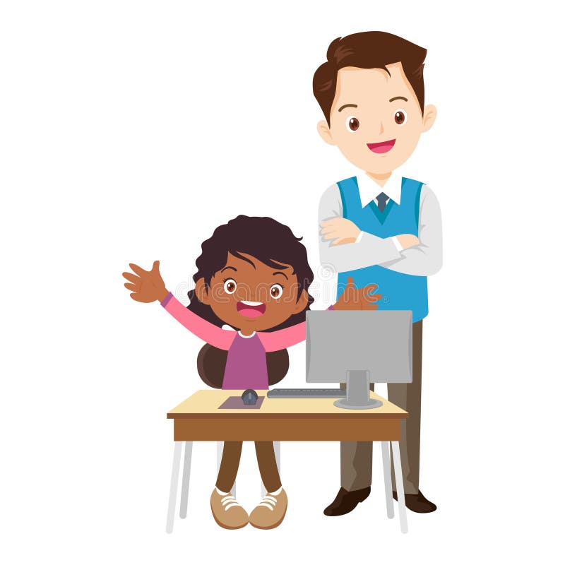 Happy Teacher and Student Learning Computer Stock Vector - Illustration ...