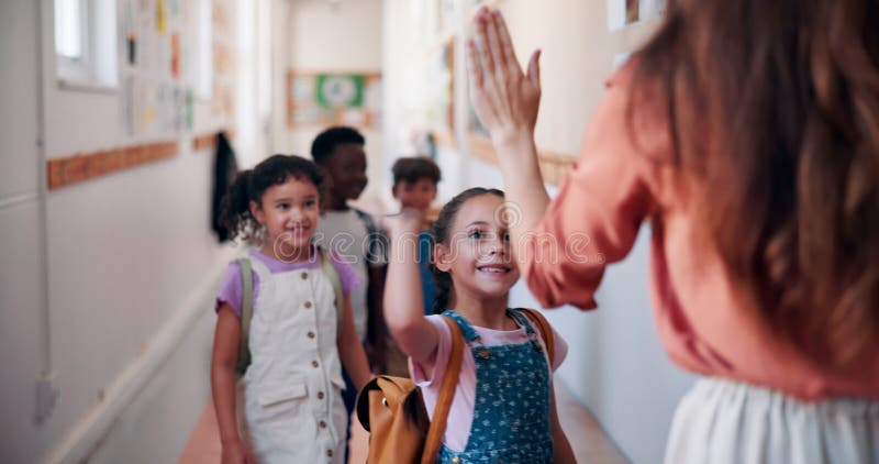 Happy, Teacher and Students with High Five at School for Morning ...