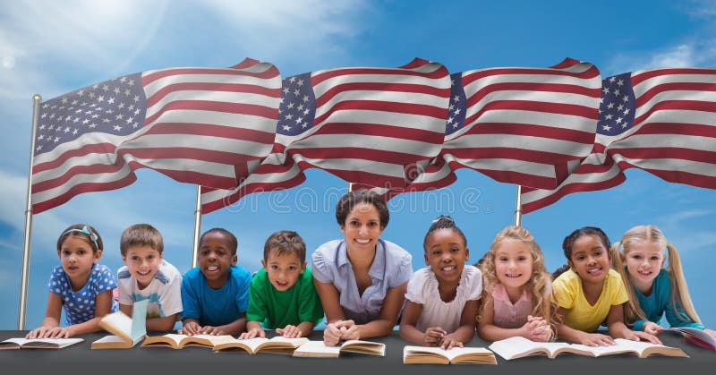 Happy Teacher and Students Lying with Book Against American Flag Stock ...