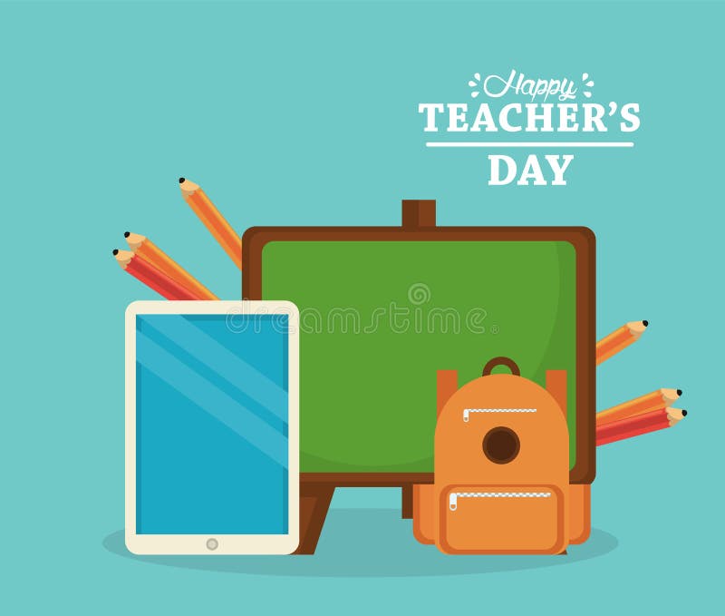Happy Teachers Day Card with Chalkboard and Tablet Elearning Stock ...