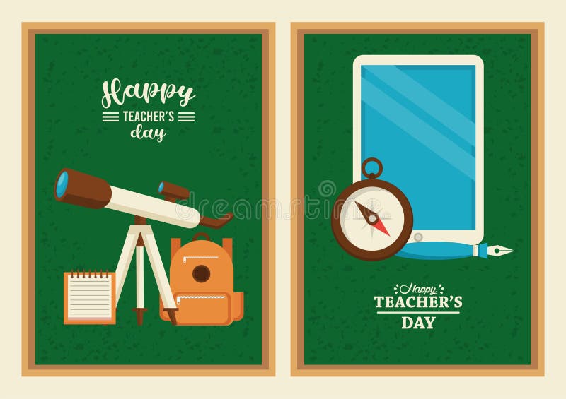 Happy Teachers Day Card with Tablet Elearning and Chalkboards Supplies ...