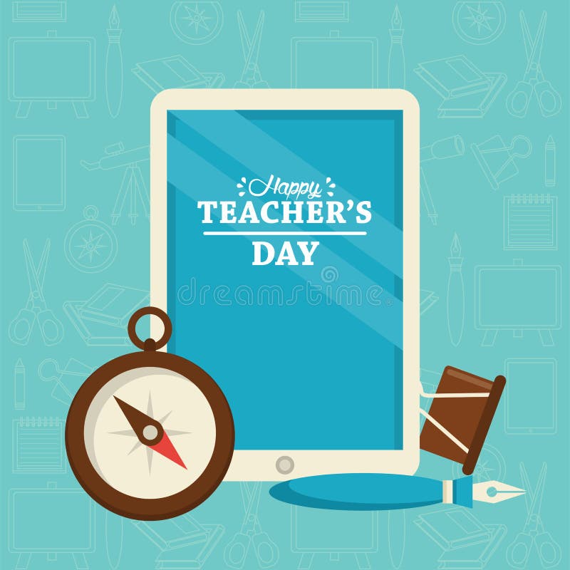 Happy Teachers Day Card with Tablet Elearning and Chronometer Stock ...