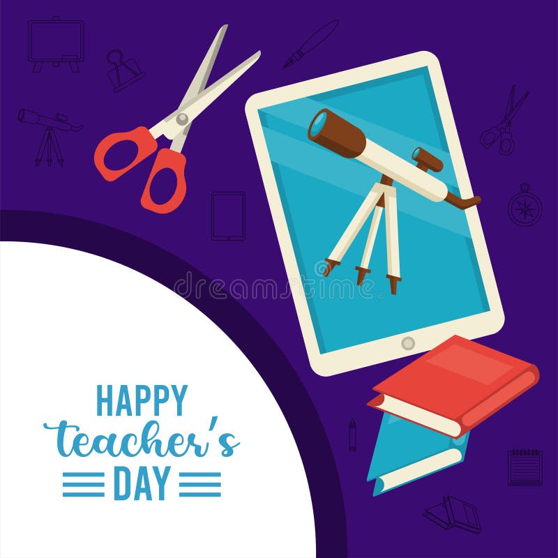 Happy Teachers Day Card with Tablet Elearning and Telescope Stock ...
