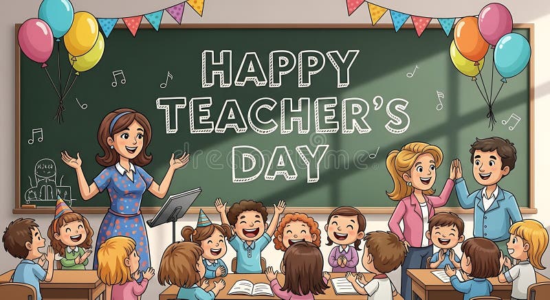 Happy Teachers Day Celebration with Cheerful Students and Teacher in ...