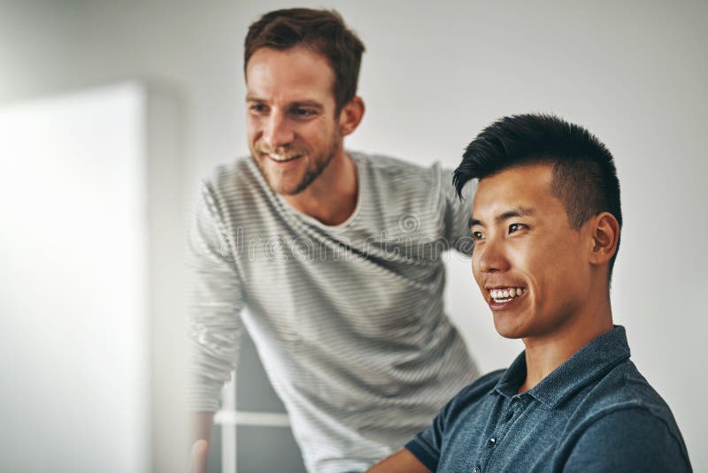 Happy Team, Business Men and Help on Computer for Training, Planning or ...