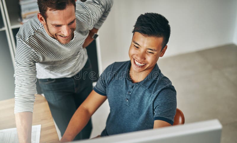 Happy Team, Business Men and Training on Computer for Help, Creative or ...