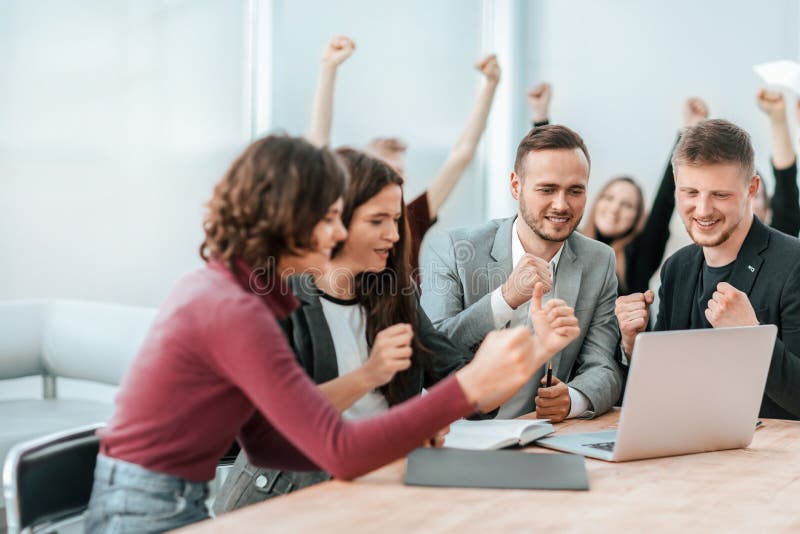 Happy Team of Employees Looking at Laptop Screen Stock Image - Image of ...