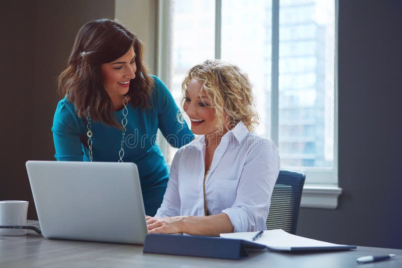 Happy Team, Laptop and Business Women Training, Brainstorming Ideas or ...