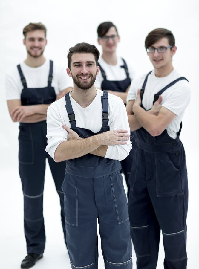 Happy Team of Responsible Movers and Their Smiling Leader. Stock Image ...