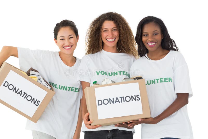 Three Volunteers Packing Eatables in Cardboard Box Stock Image - Image ...