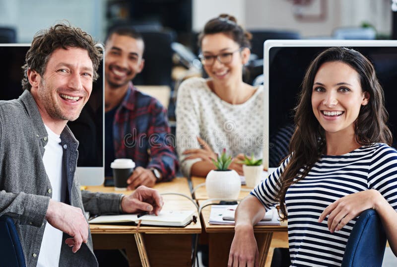 Happy, Teamwork and Portrait in Office at Computer for Planning ...
