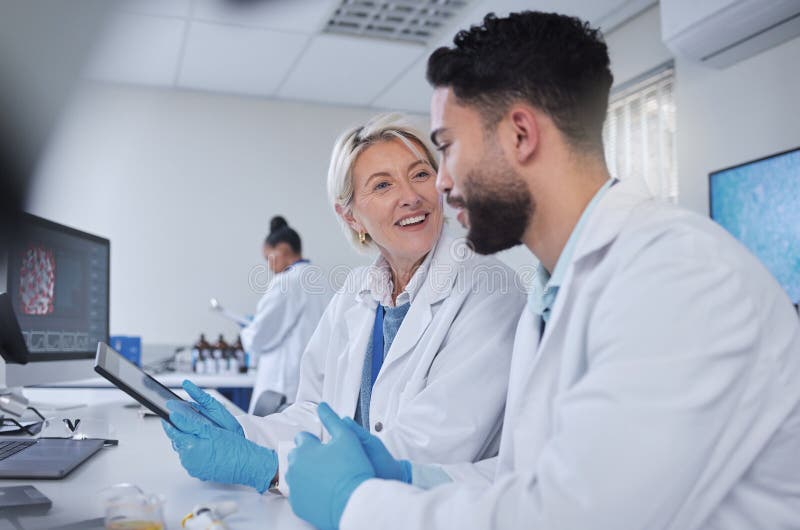 Happy, Teamwork or Scientist Working on Tablet in Lab for Medical ...