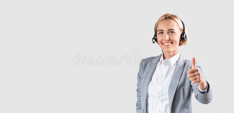 Happy Tech Support Service Worker with Headset Showing Thumb Up Against ...