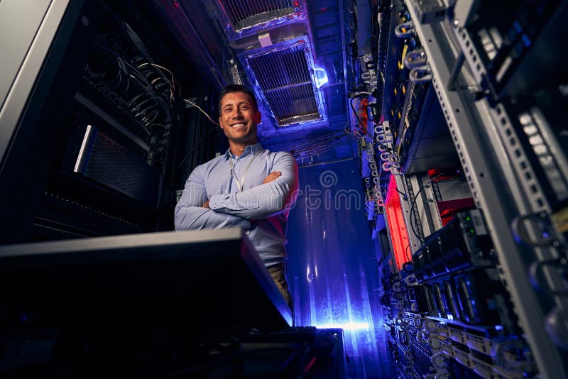 Happy it Technician Standing in Server Room Stock Image - Image of ...