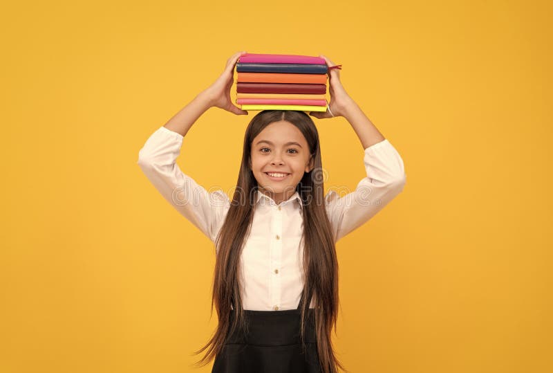 Happy Teen Girl in School Uniform Hold Book Stack, Knowledge Stock ...