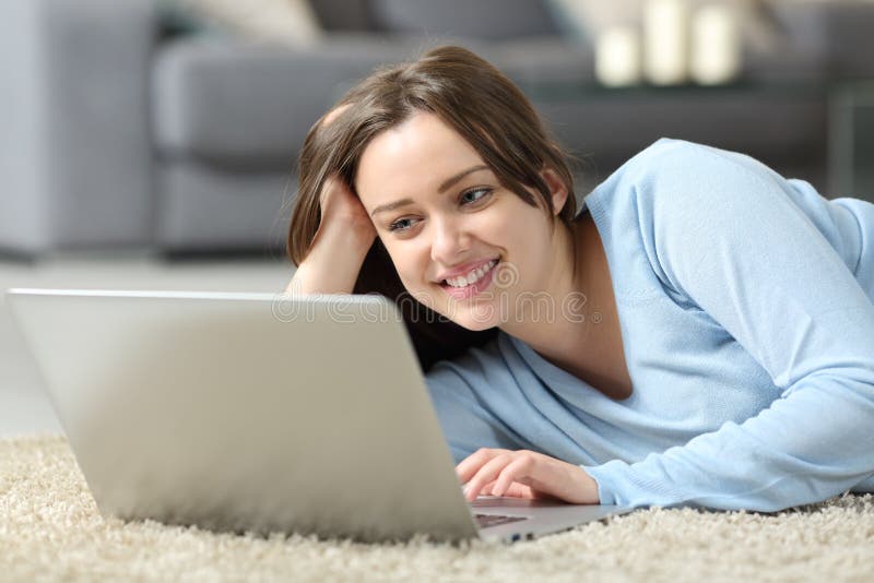 Happy Teen Using Laptop on the Floor at Home Stock Image - Image of ...
