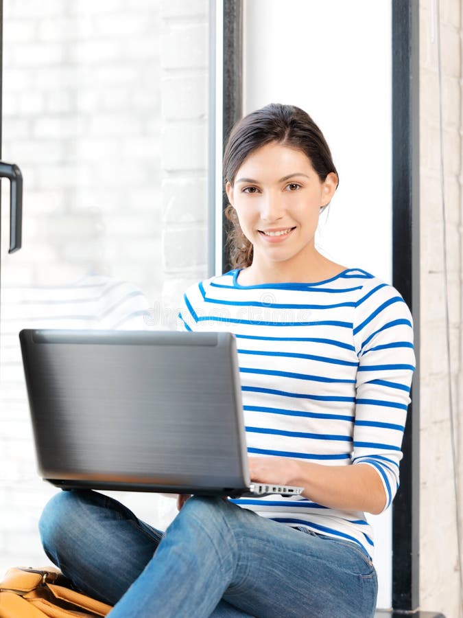 Happy Teenage Girl with Laptop Computer Stock Image - Image of cheerful ...