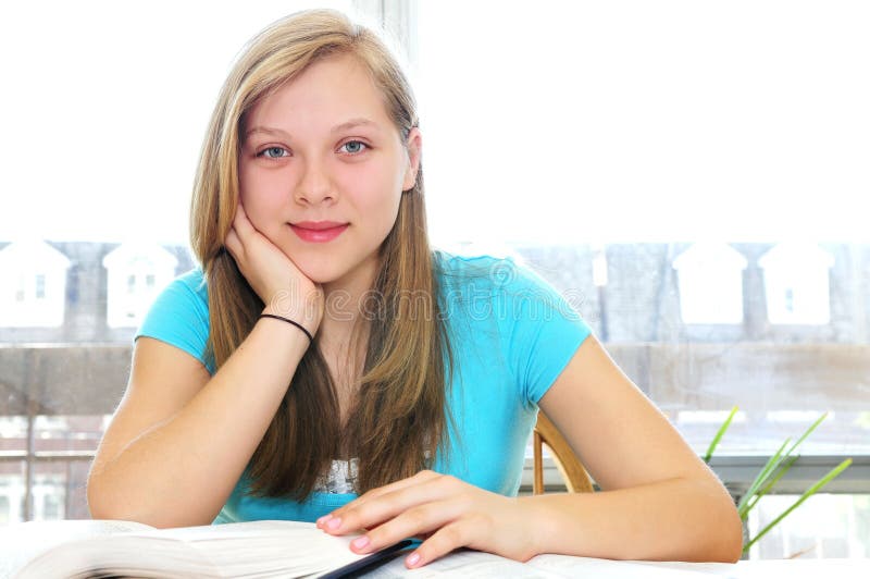 Happy Teenage Girl Studying Stock Image - Image of reading, school: 5141249