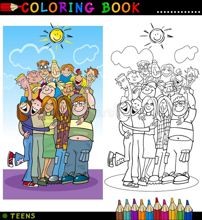 Happy Teenagers Group for Coloring Stock Vector - Illustration of ...