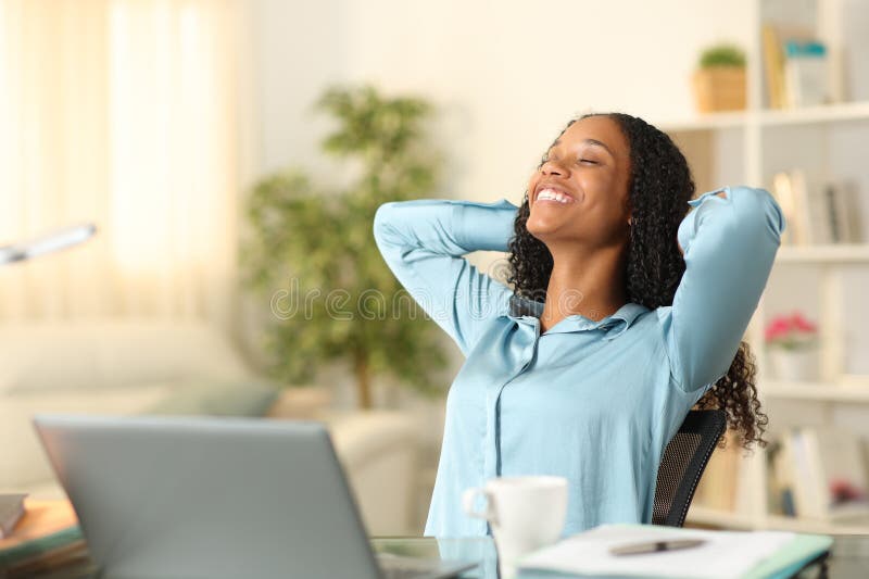 Happy Tele Worker Relaxing Breathing at Home Stock Photo - Image of ...