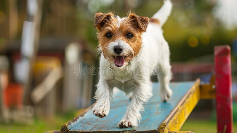 A Happy Terrier Confidently Balancing on a Narrow Agility Beam Stock ...