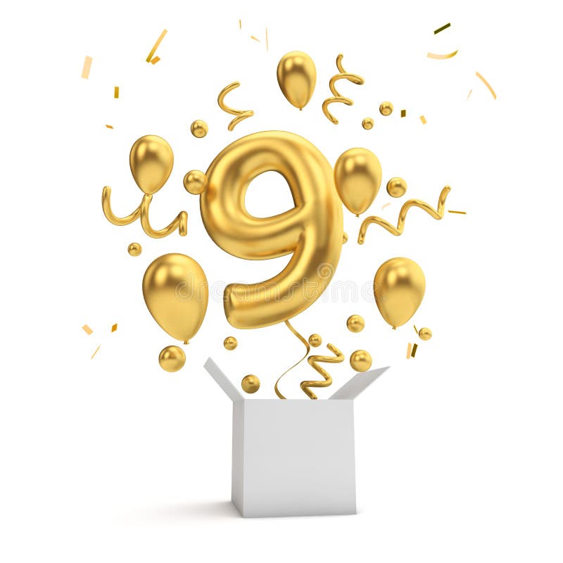 Happy 9th Birthday Gold Surprise Balloon and Box. 3D Rendering Stock ...