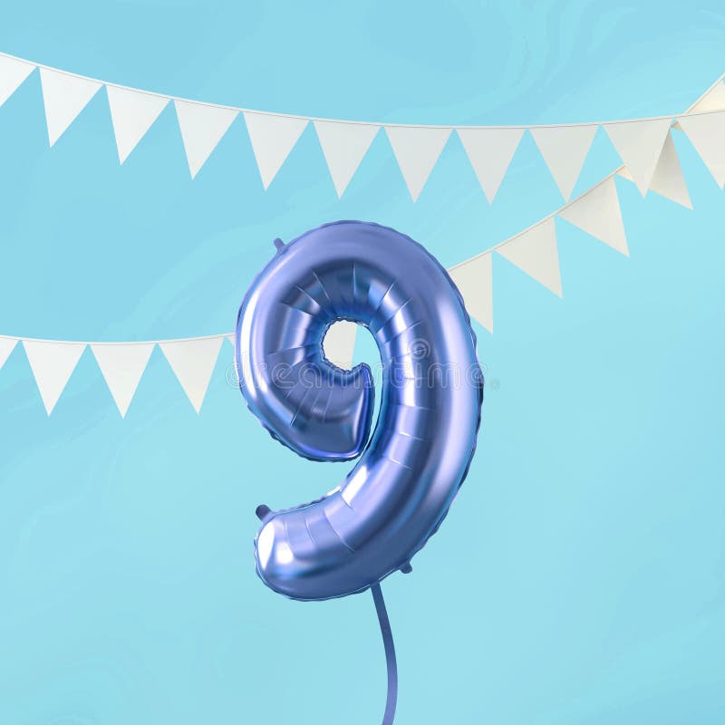 Happy 9th Birthday Party Celebration Blue Balloon and Bunting. 3D ...