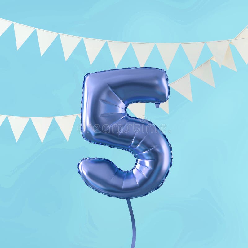Happy 5th Birthday Party Celebration Blue Balloon and Bunting. 3D ...