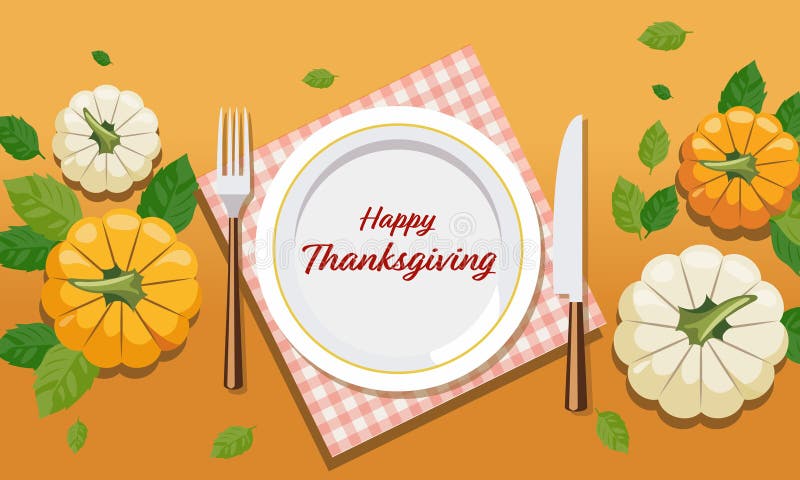 Happy Thanksgiving Day Banner Design with Table Setting and Pumpkins on ...