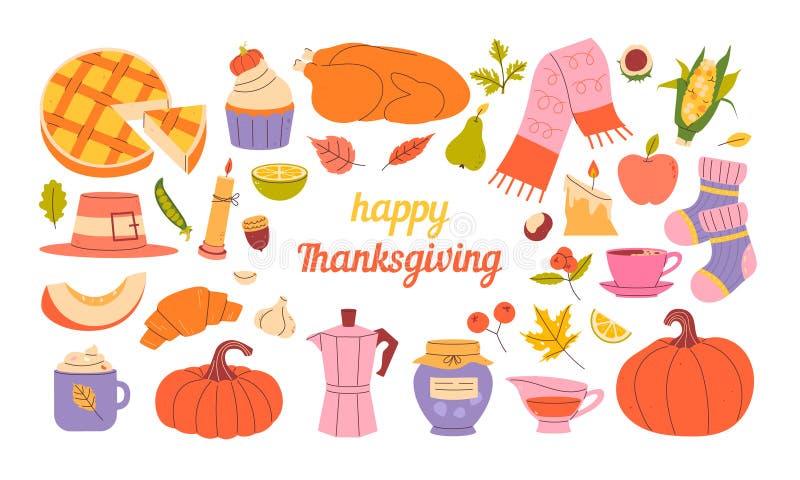 Happy Thanksgiving. Set of Thanksgiving Elements Stock Vector - Illustration of lettering ...