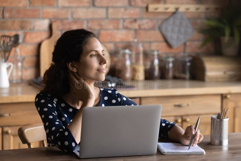 Happy Thoughtful Remote Employee, Working at Laptop Form Home Stock ...