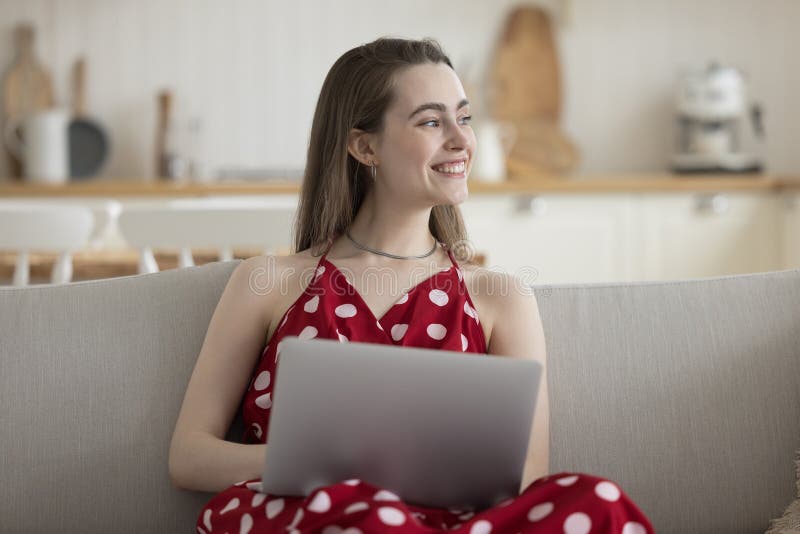Happy Thoughtful Student Girl Using Computer for Education at Home ...