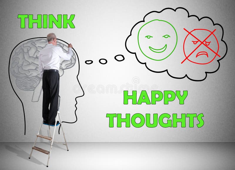 Happy Thoughts Concept Drawn by a Man on a Ladder Stock Photo - Image ...